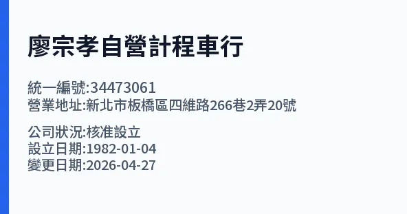 廖宗孝自營計程車行的照片-統編 34473061(新北市) 公司登記資料與營業項目詳細圖表