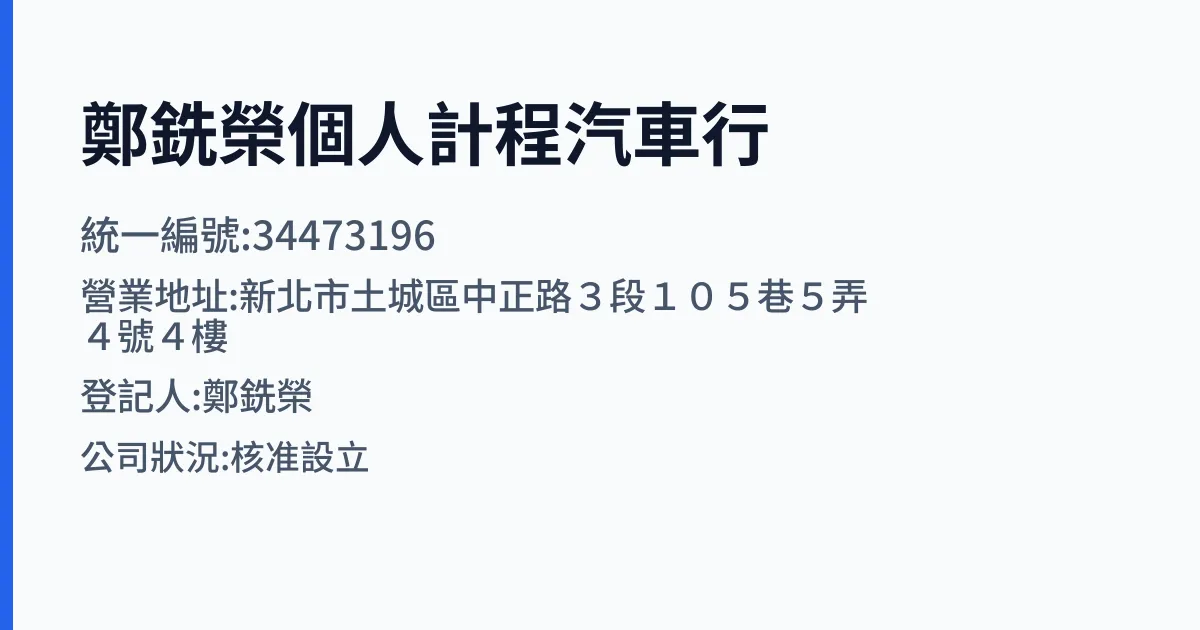 鄭銑榮個人計程汽車行 - 統編 34473196(新北市) 公司登記資料與營業項目詳細圖表
