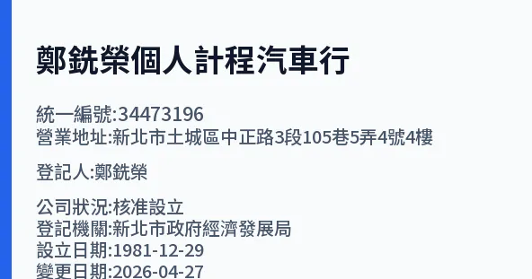 鄭銑榮個人計程汽車行的照片-統編 34473196(新北市) 公司登記資料與營業項目詳細圖表