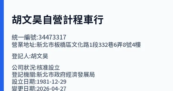 胡文昊自營計程車行的照片-統編 34473317(新北市) 公司登記資料與營業項目詳細圖表