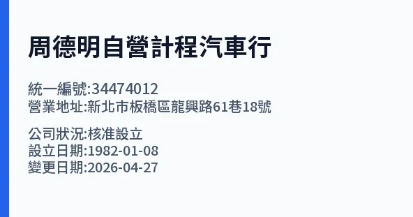 周德明自營計程汽車行的照片-統編 34474012(新北市) 公司登記資料與營業項目詳細圖表
