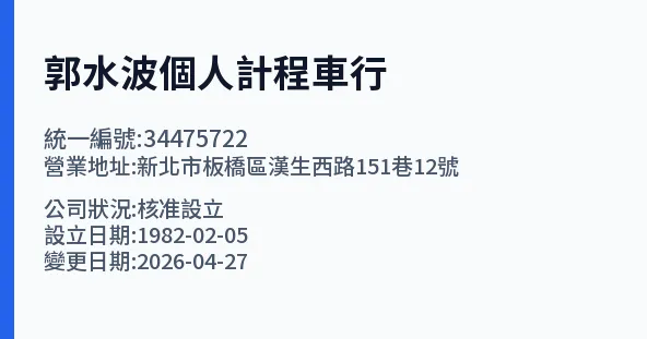 郭水波個人計程車行的照片-統編 34475722(新北市) 公司登記資料與營業項目詳細圖表