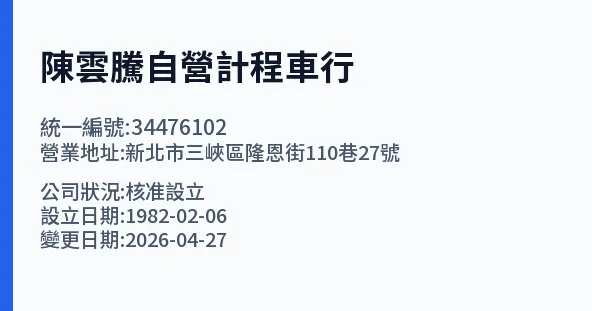 陳雲騰自營計程車行的照片-統編 34476102(新北市) 公司登記資料與營業項目詳細圖表