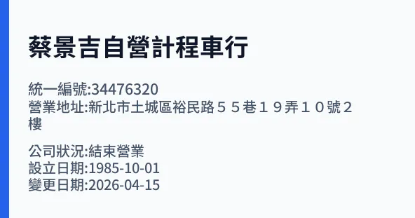 蔡景吉自營計程車行的照片-統編 34476320(新北市) 公司登記資料與營業項目詳細圖表