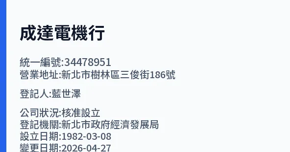 成達電機行的照片-統編 34478951(新北市) 公司登記資料與營業項目詳細圖表