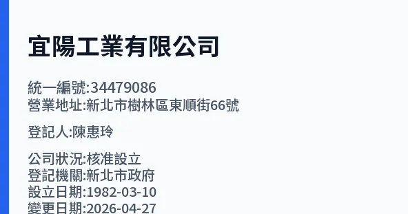 宜陽工業有限公司的照片-統編 34479086(新北市) 公司登記資料與營業項目詳細圖表
