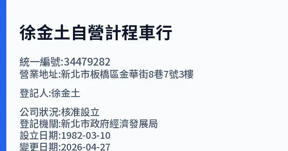徐金土自營計程車行的照片-統編 34479282(新北市) 公司登記資料與營業項目詳細圖表