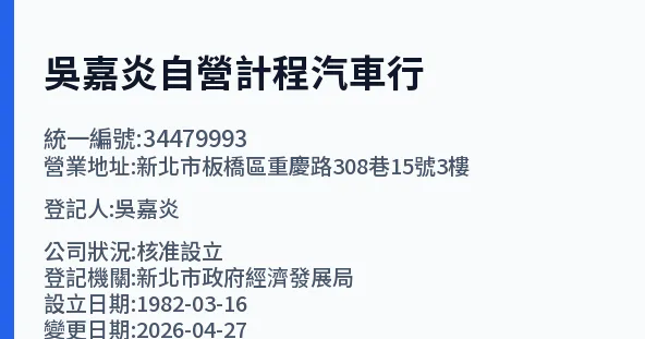 吳嘉炎自營計程汽車行的照片-統編 34479993(新北市) 公司登記資料與營業項目詳細圖表