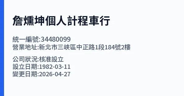 詹燻坤個人計程車行的照片-統編 34480099(新北市) 公司登記資料與營業項目詳細圖表