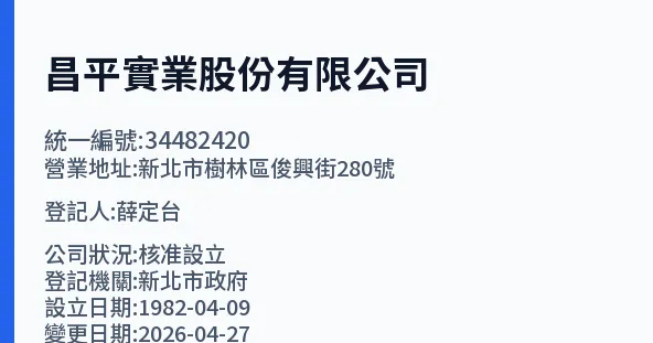 昌平實業股份有限公司的照片-統編 34482420(新北市) 公司登記資料與營業項目詳細圖表