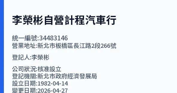 李榮彬自營計程汽車行的照片-統編 34483146(新北市) 公司登記資料與營業項目詳細圖表