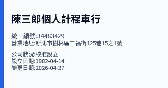 陳三郎個人計程車行的照片-統編 34483429(新北市) 公司登記資料與營業項目詳細圖表
