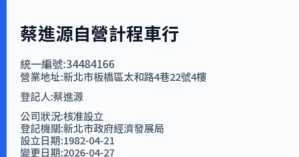 蔡進源自營計程車行的照片-統編 34484166(新北市) 公司登記資料與營業項目詳細圖表