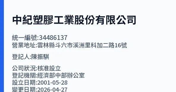 中紀塑膠工業股份有限公司的照片-統編 34486137(雲林縣) 公司登記資料與營業項目詳細圖表