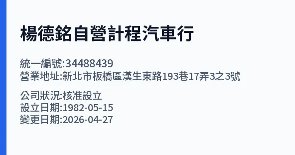 楊德銘自營計程汽車行的照片-統編 34488439(新北市) 公司登記資料與營業項目詳細圖表