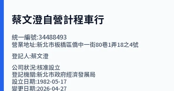 蔡文澄自營計程車行的照片-統編 34488493(新北市) 公司登記資料與營業項目詳細圖表