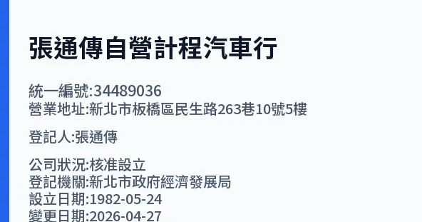 張通傳自營計程汽車行的照片-統編 34489036(新北市) 公司登記資料與營業項目詳細圖表