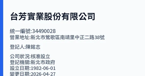 台芳實業股份有限公司的照片-統編 34490028(新北市) 公司登記資料與營業項目詳細圖表