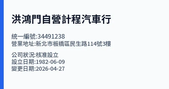 洪鴻門自營計程汽車行的照片-統編 34491238(新北市) 公司登記資料與營業項目詳細圖表