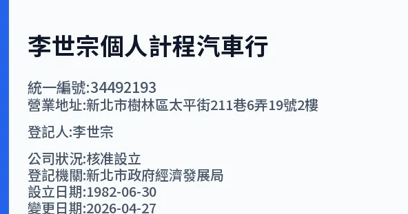 李世宗個人計程汽車行的照片-統編 34492193(新北市) 公司登記資料與營業項目詳細圖表