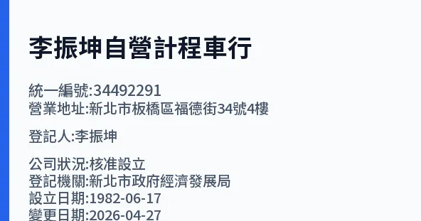 李振坤自營計程車行的照片-統編 34492291(新北市) 公司登記資料與營業項目詳細圖表