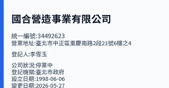 國合營造事業有限公司的照片-統編 34492623(臺北市) 公司登記資料與營業項目詳細圖表