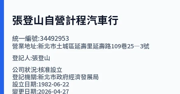 張登山自營計程汽車行的照片-統編 34492953(新北市) 公司登記資料與營業項目詳細圖表
