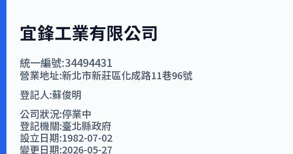 宜鋒工業有限公司的照片-統編 34494431(新北市) 公司登記資料與營業項目詳細圖表