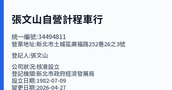 張文山自營計程車行的照片-統編 34494811(新北市) 公司登記資料與營業項目詳細圖表