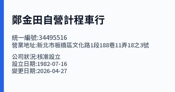 鄭金田自營計程車行的照片-統編 34495516(新北市) 公司登記資料與營業項目詳細圖表