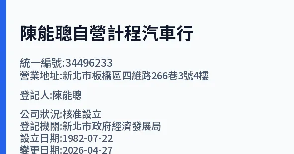 陳能聰自營計程汽車行的照片-統編 34496233(新北市) 公司登記資料與營業項目詳細圖表