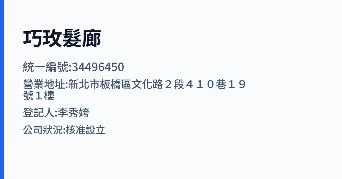 巧玫髮廊 - 統編 34496450(新北市) 公司登記資料與營業項目詳細圖表
