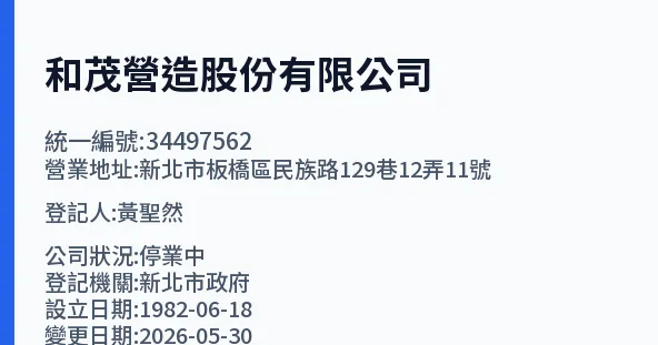 和茂營造股份有限公司的照片-統編 34497562(新北市) 公司登記資料與營業項目詳細圖表