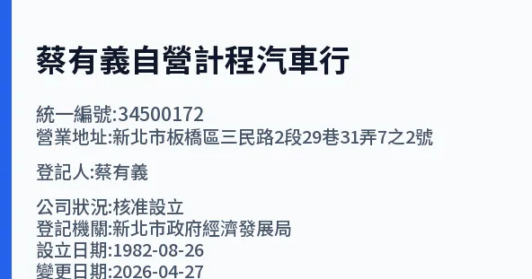 蔡有義自營計程汽車行的照片-統編 34500172(新北市) 公司登記資料與營業項目詳細圖表