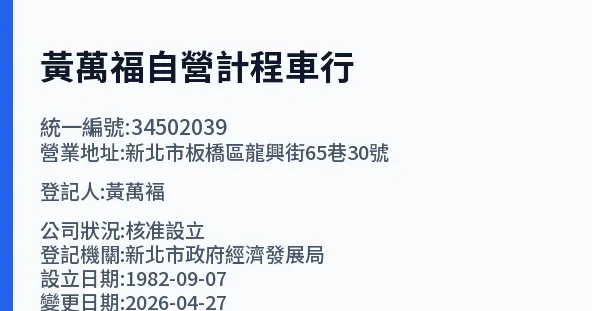 黃萬福自營計程車行的照片-統編 34502039(新北市) 公司登記資料與營業項目詳細圖表