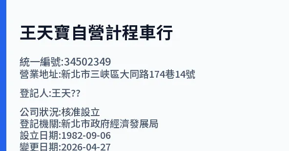 王天寶自營計程車行的照片-統編 34502349(新北市) 公司登記資料與營業項目詳細圖表