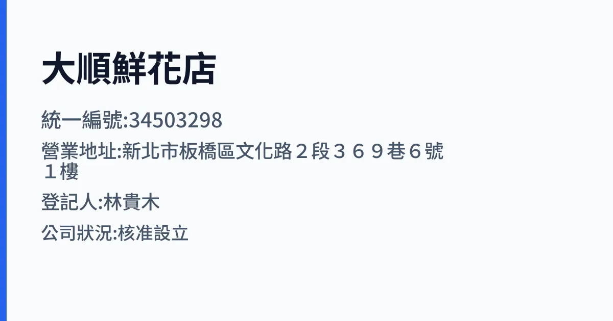 大順鮮花店 - 統編 34503298(新北市) 公司登記資料與營業項目詳細圖表