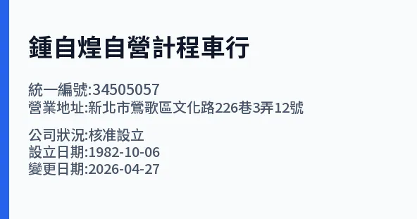 鍾自煌自營計程車行的照片-統編 34505057(新北市) 公司登記資料與營業項目詳細圖表