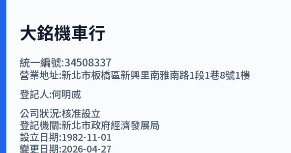 大銘機車行的照片-統編 34508337(新北市) 公司登記資料與營業項目詳細圖表
