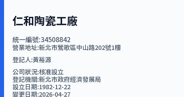 仁和陶瓷工廠的照片-統編 34508842(新北市) 公司登記資料與營業項目詳細圖表