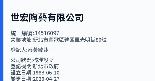 世宏陶藝有限公司的照片-統編 34516097(新北市) 公司登記資料與營業項目詳細圖表