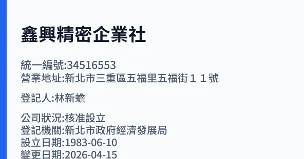 鑫興精密企業社的照片-統編 34516553(新北市) 公司登記資料與營業項目詳細圖表
