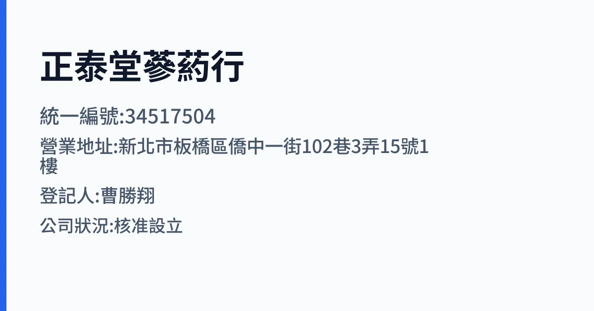 正泰堂蔘葯行 - 統編 34517504(新北市) 公司登記資料與營業項目詳細圖表