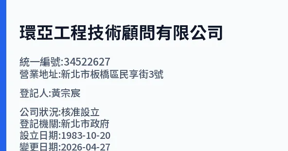 環亞工程技術顧問有限公司的照片-統編 34522627(新北市) 公司登記資料與營業項目詳細圖表