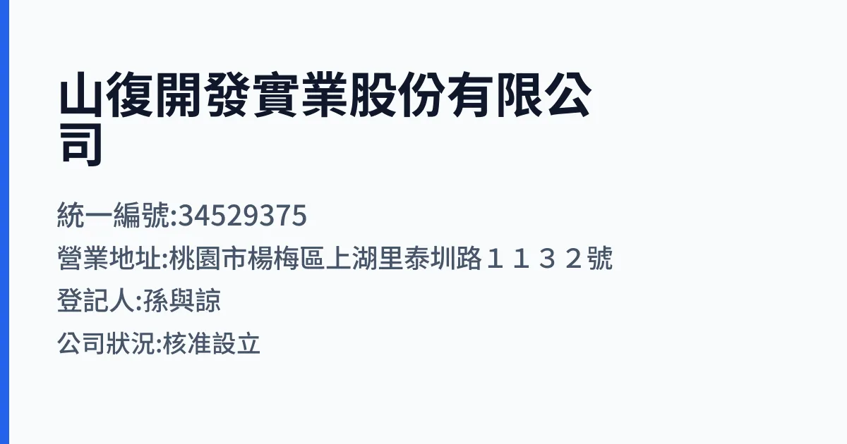 山復開發實業股份有限公司 - 統編 34529375(桃園市) 公司登記資料與營業項目詳細圖表