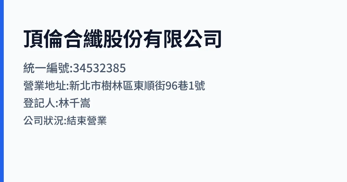 頂倫合纖股份有限公司 - 統編 34532385(新北市) 公司登記資料與營業項目詳細圖表