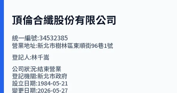 頂倫合纖股份有限公司的照片-統編 34532385(新北市) 公司登記資料與營業項目詳細圖表