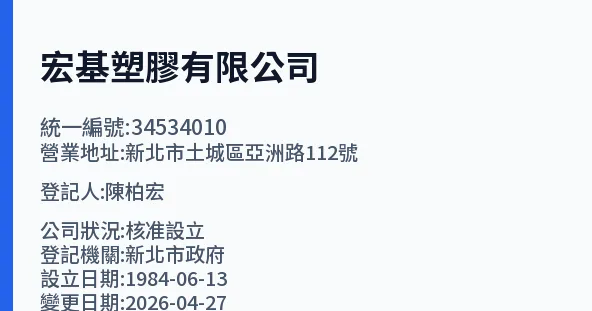 宏基塑膠有限公司的照片-統編 34534010(新北市) 公司登記資料與營業項目詳細圖表