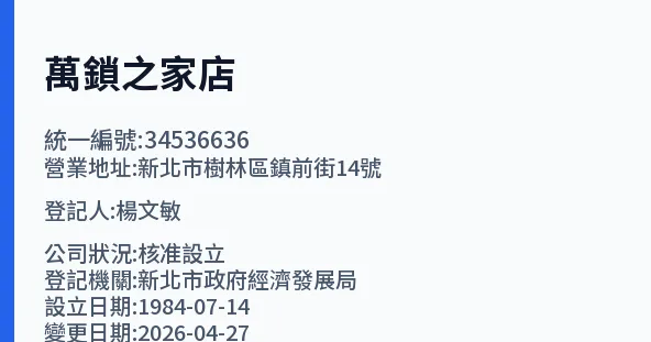 萬鎖之家店的照片-統編 34536636(新北市) 公司登記資料與營業項目詳細圖表