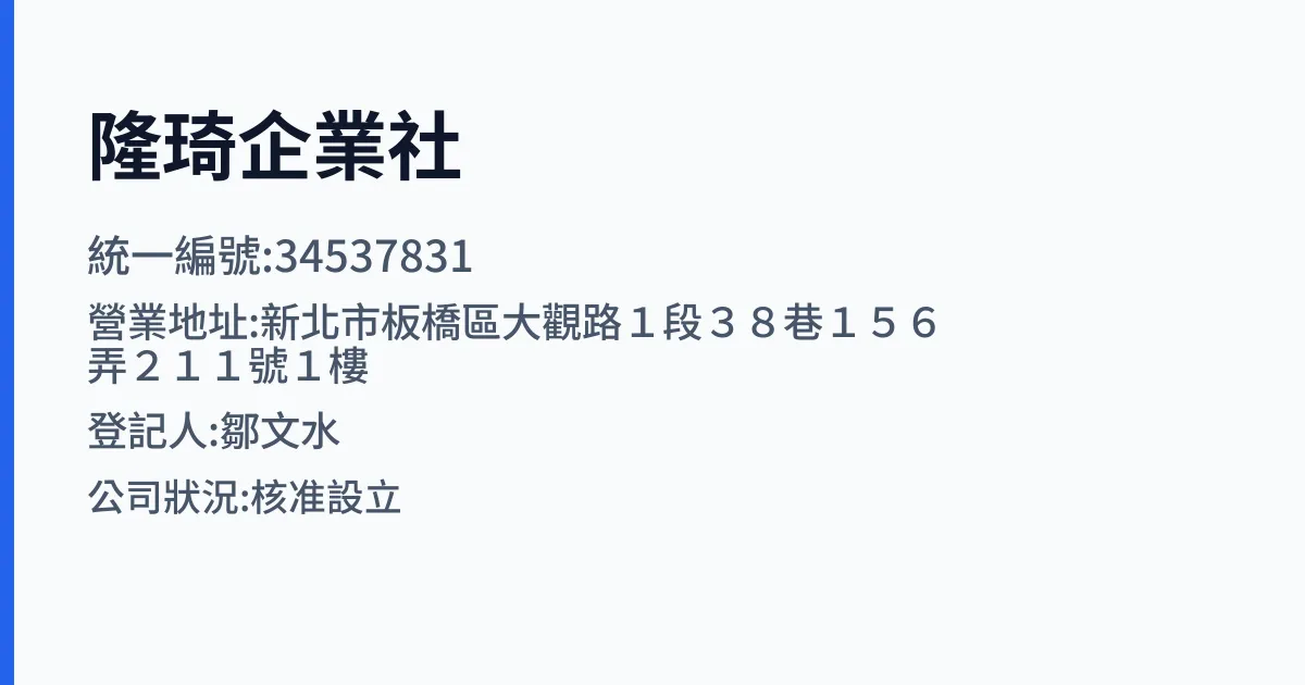 隆琦企業社 - 統編 34537831(新北市) 公司登記資料與營業項目詳細圖表